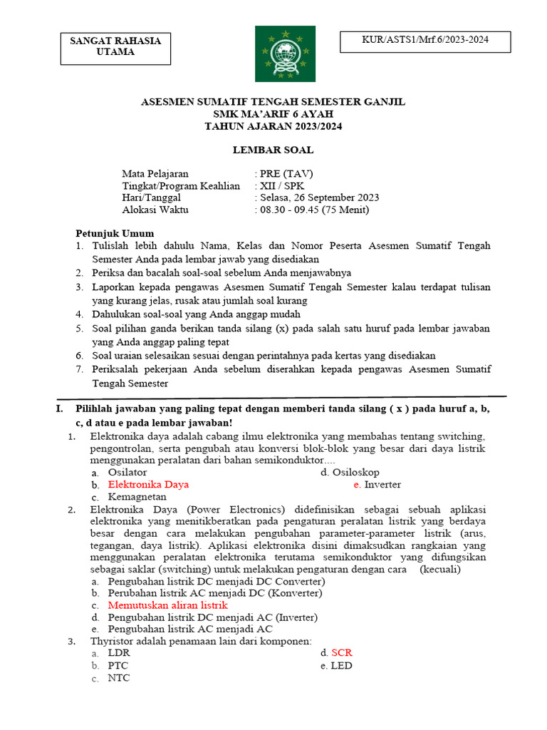 Form Soal Asts Ganjil Pre Xii 2023 2024 | PDF | Sains & Matematika