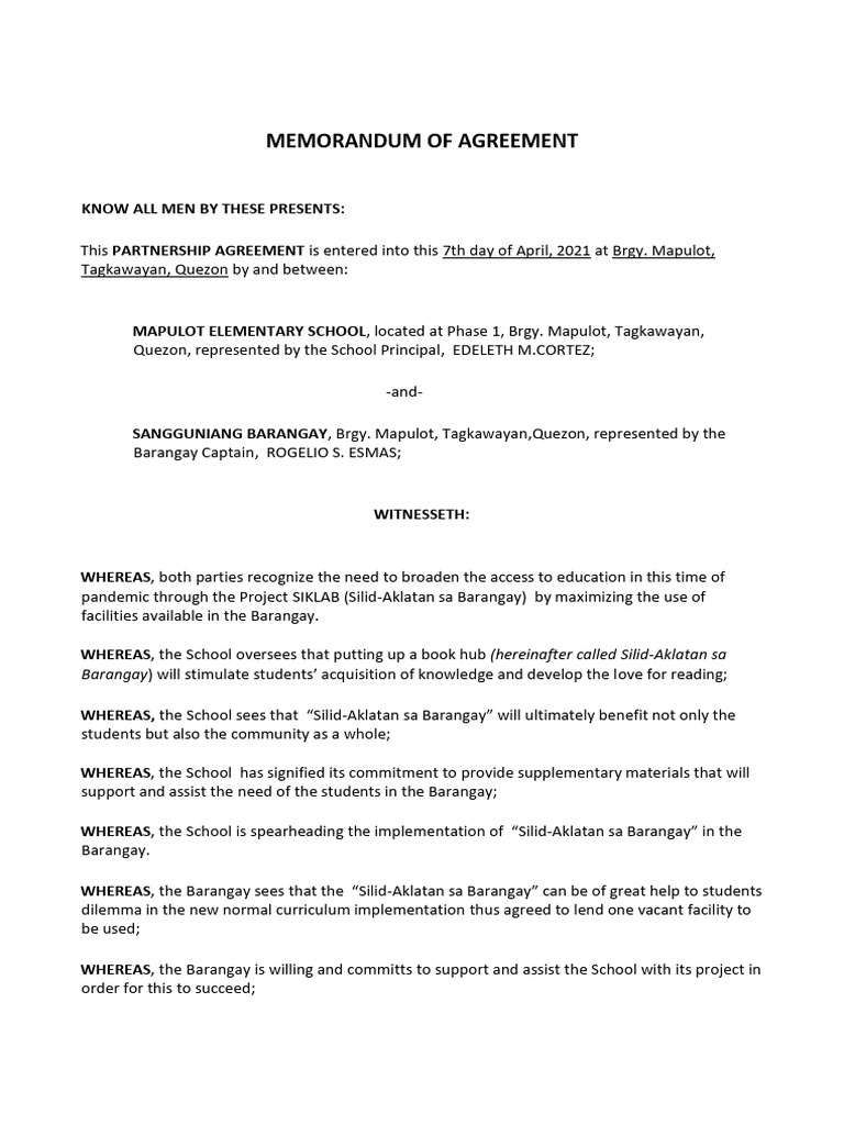 ANNEX C - MEMORANDUM OF AGREEMENT PROJECT SIKLAB | PDF | Libraries