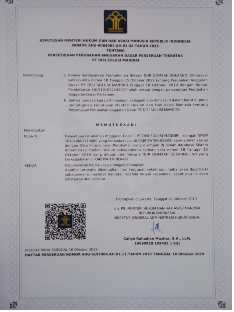 Contoh Akte Kemenkumham 2019 PT Disi Solusi Mandiri | PDF