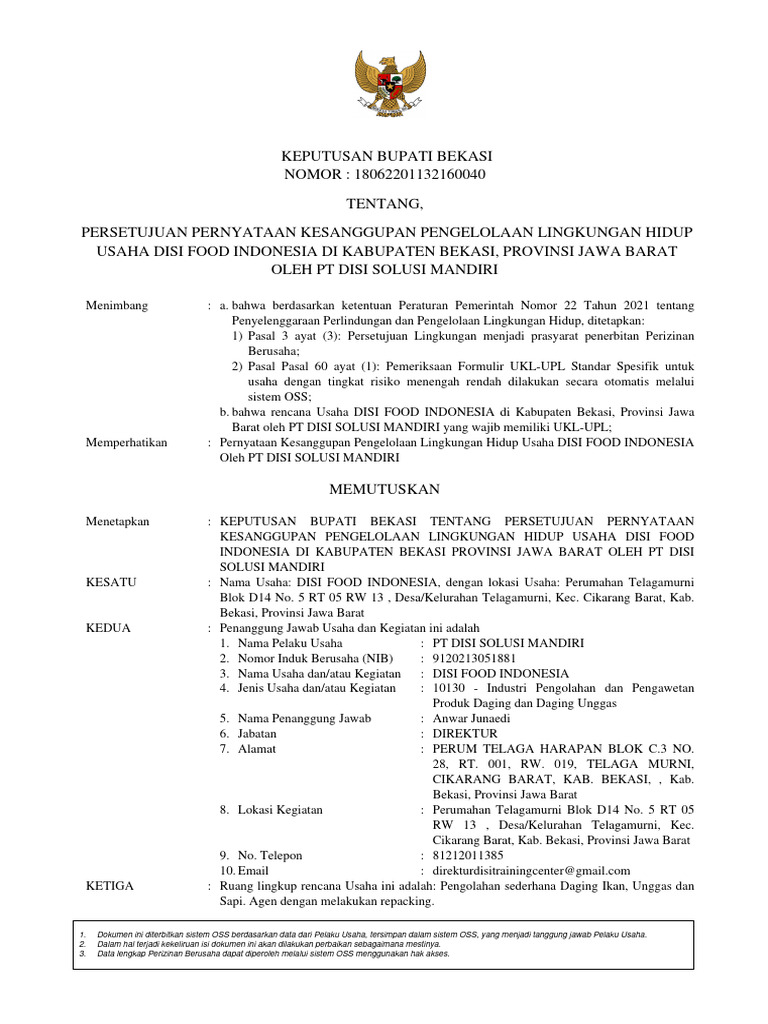 Persetujuan PKPLH Disi Food Indonesia Pt. Disi Solusi Mandiri | PDF