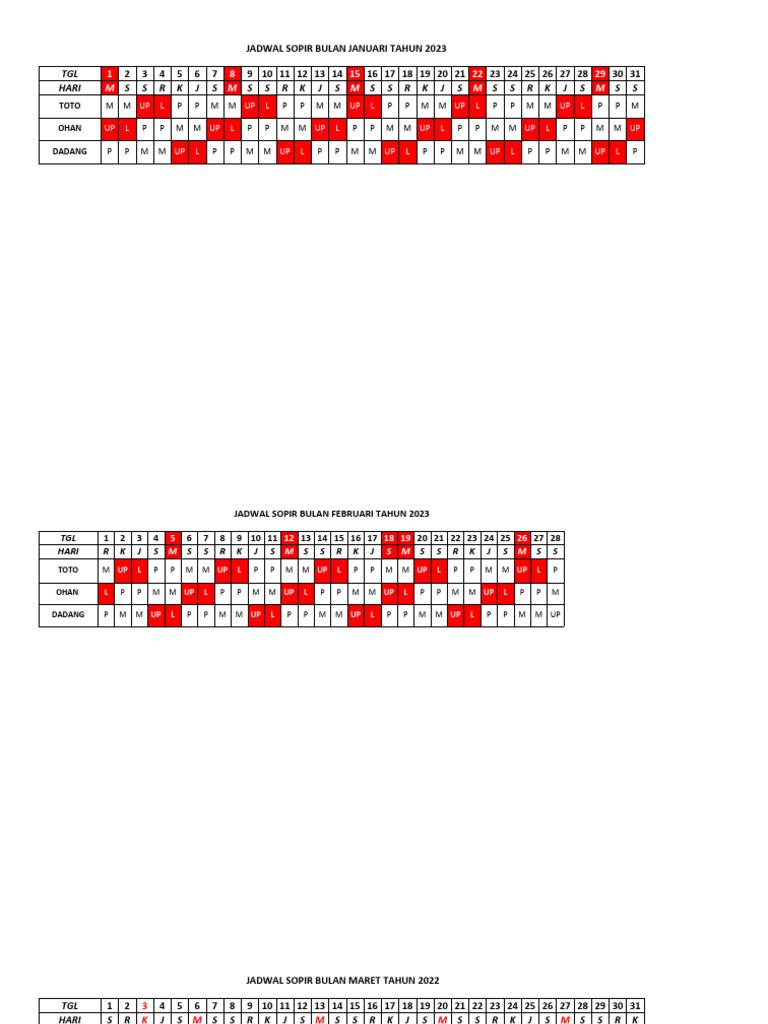 Jadwal Sopir 2022-2023 Bulanan | PDF