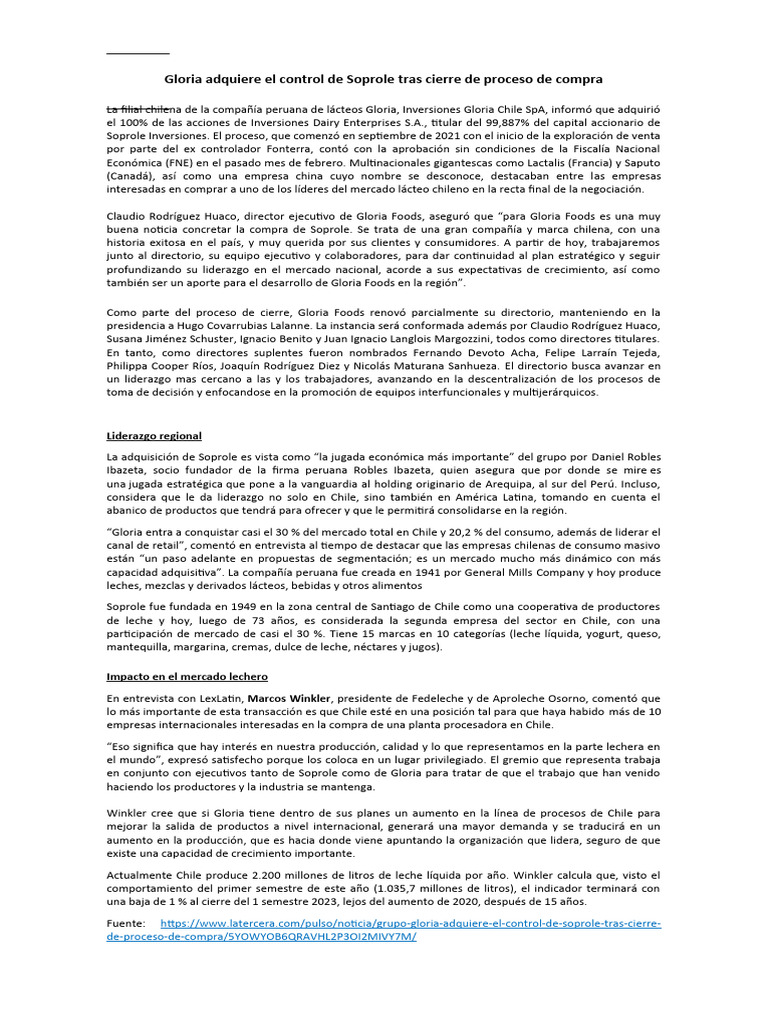 Gloria toma control de Soprole en Chile | PDF | Chile | Leche