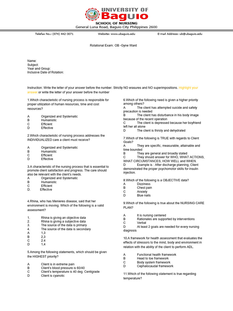 Rotational Exam OB - GYNE WARD | Download Free PDF | Nursing | Pulse