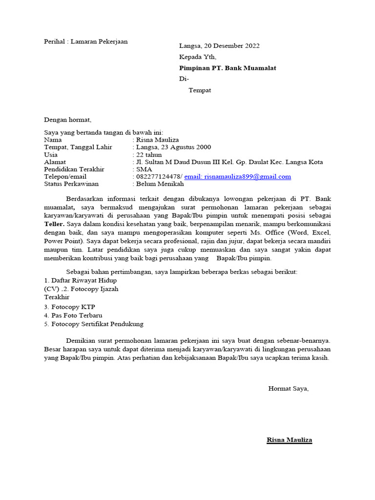 Surat Lamaran Kerja PT. Bank Muamalat Risna | PDF