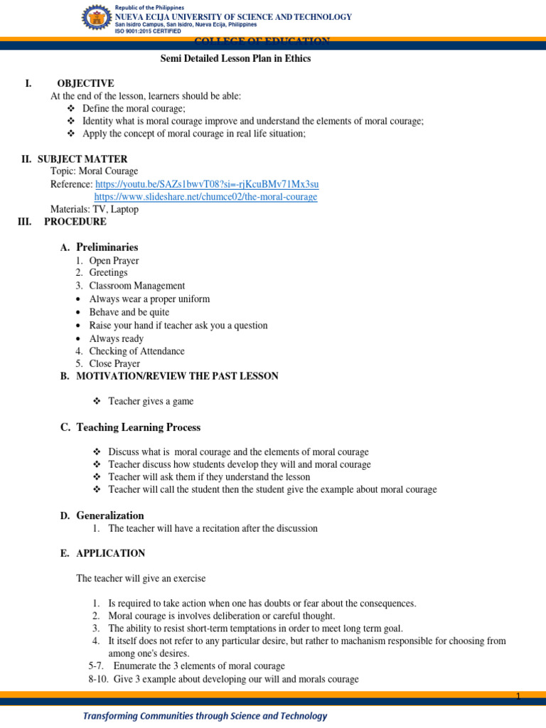 Semi Detailed Lesson PLan in Ethics | PDF | Teachers | Courage