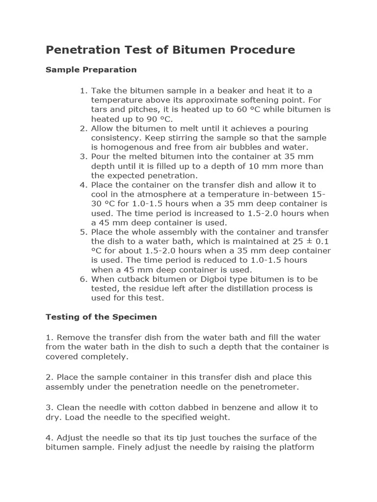 Bitumen Penetration Test Procedure | PDF | Water | Weight