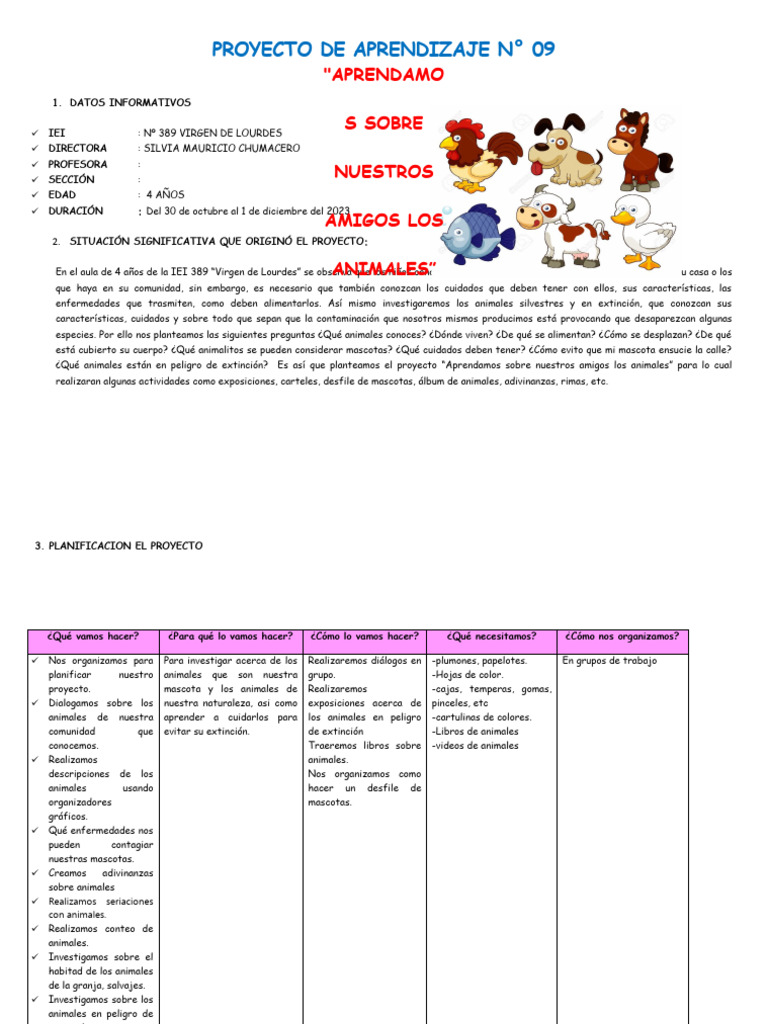 PROYECTO DE APRENDIZAJE Los Animales | PDF | Evaluación | Aprendizaje PROYECTO DE APRENDIZAJE Los Animales | PDF | Evaluación | Aprendizaje