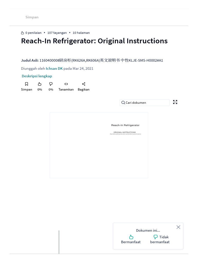 Reach-In Refrigerator - Original Instructions - PDF - Refrigerator - Waste Management | PDF