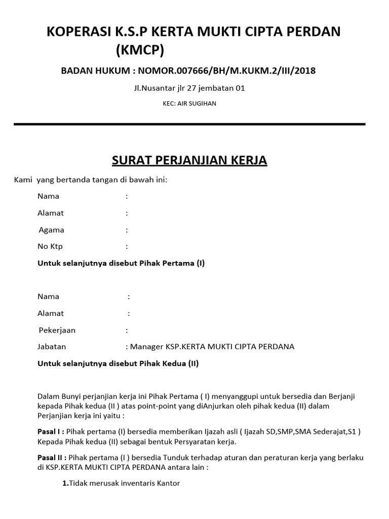 Surat Perjanjian Kerja KSP - MSCP Pangururan | PDF