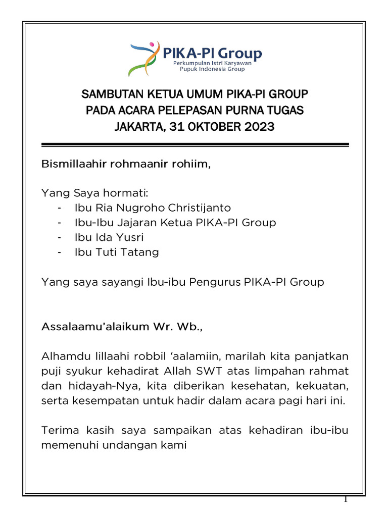 Sambutan Ketum - Pelepasan Purna Tugas (Okt 2023) | PDF