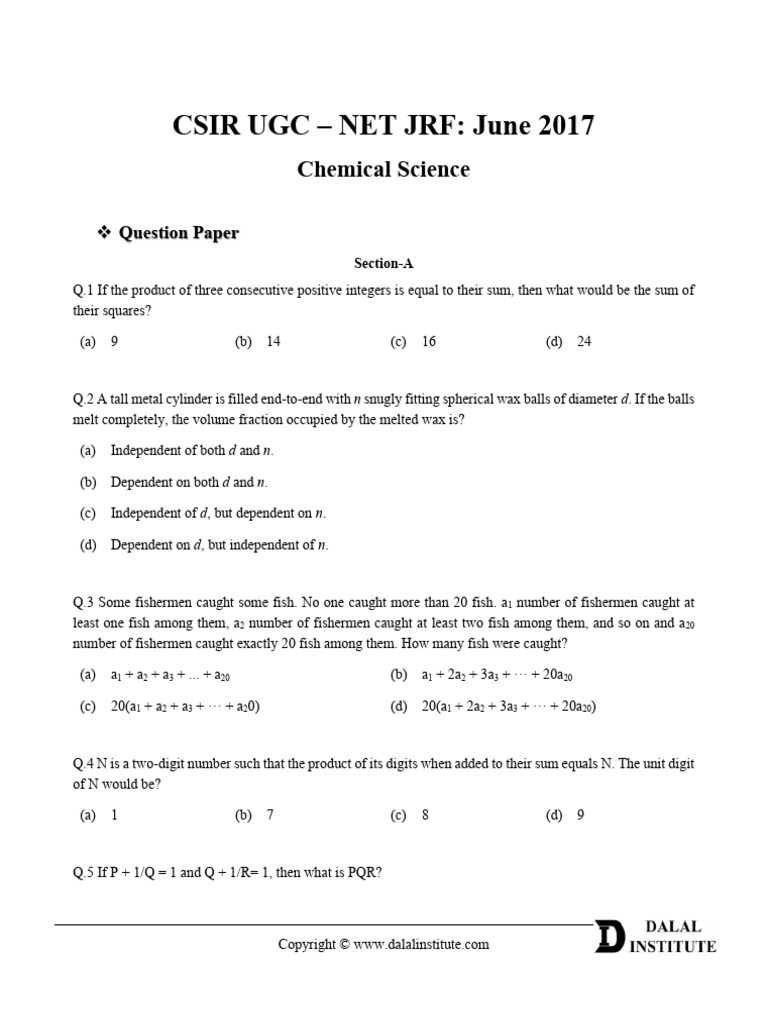 CUNJCSSP 14 1 Question Paper CSIR UGC NET JRF June 2017 Chemical ...