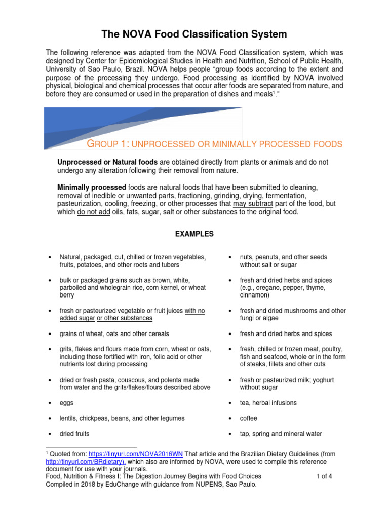 NOVA Processed Food Classification Reference Sheet | PDF | Foods | Drink