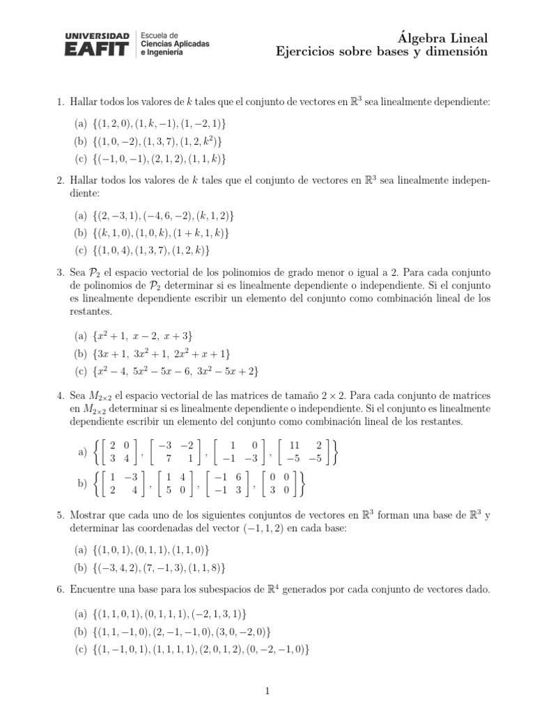 Ejercicios_Álgebra_Lineal_Bases_y_dimensión | PDF | Espacio vectorial | Vector Euclidiano