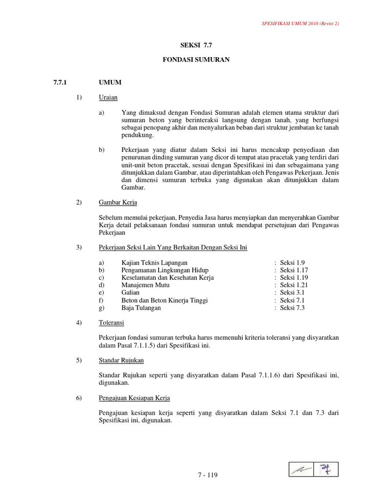Spesifikasi Umum 2018 Revisi 2 Divisi 7.7 Tentang Fondasi Sumuran | PDF