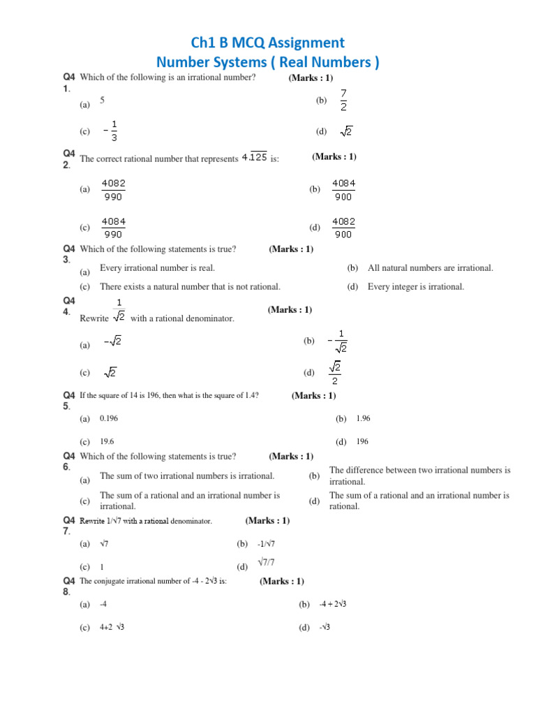 001 B MCQ Assignmnt Number Systems (Real Numbers) | PDF | Rational Number | Numbers