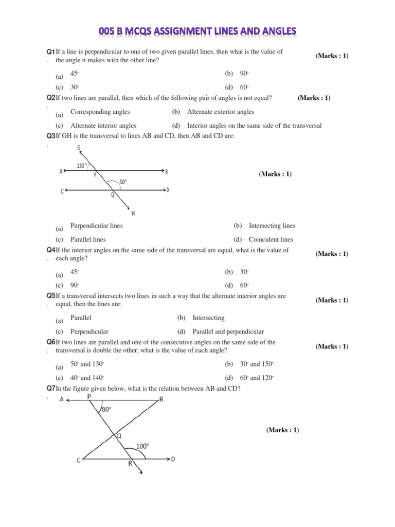 005 B MCQ Assignment Lines Angles | PDF | Geometric Shapes | Euclidean ...