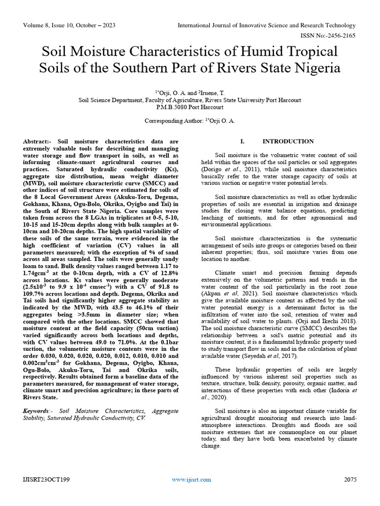 Soil Moisture Characteristics of Humid Tropical Soils of The Southern ...