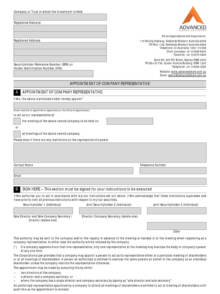 Company Representative Appointment Form | PDF | Private Law | Corporations