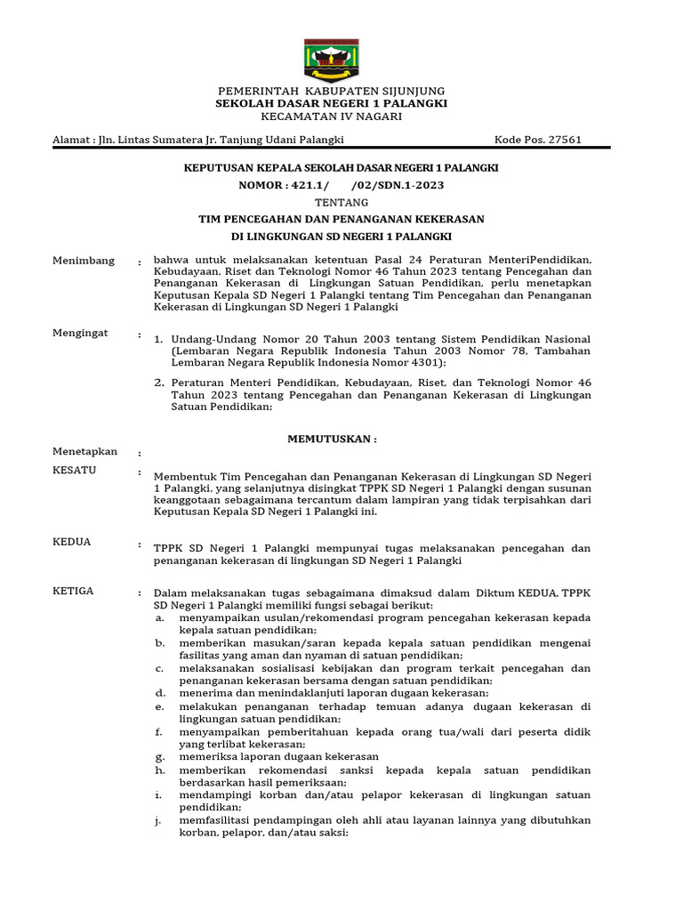 Lampiran 2 - Contoh SK Kepala Satuan Pendidikan Pembentukan TPPK | PDF