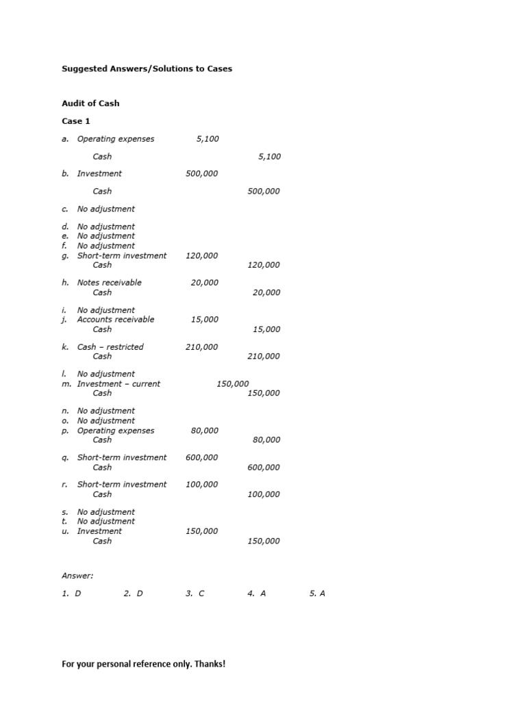 Suggested Answers - Audit of Cash AR Liab Handouts | PDF | Balance ...