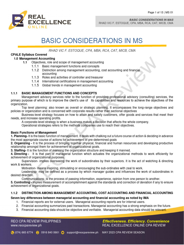01 REO PRO 5th Batch Basic Considerations in MS | PDF | Strategic Management | Management Accounting