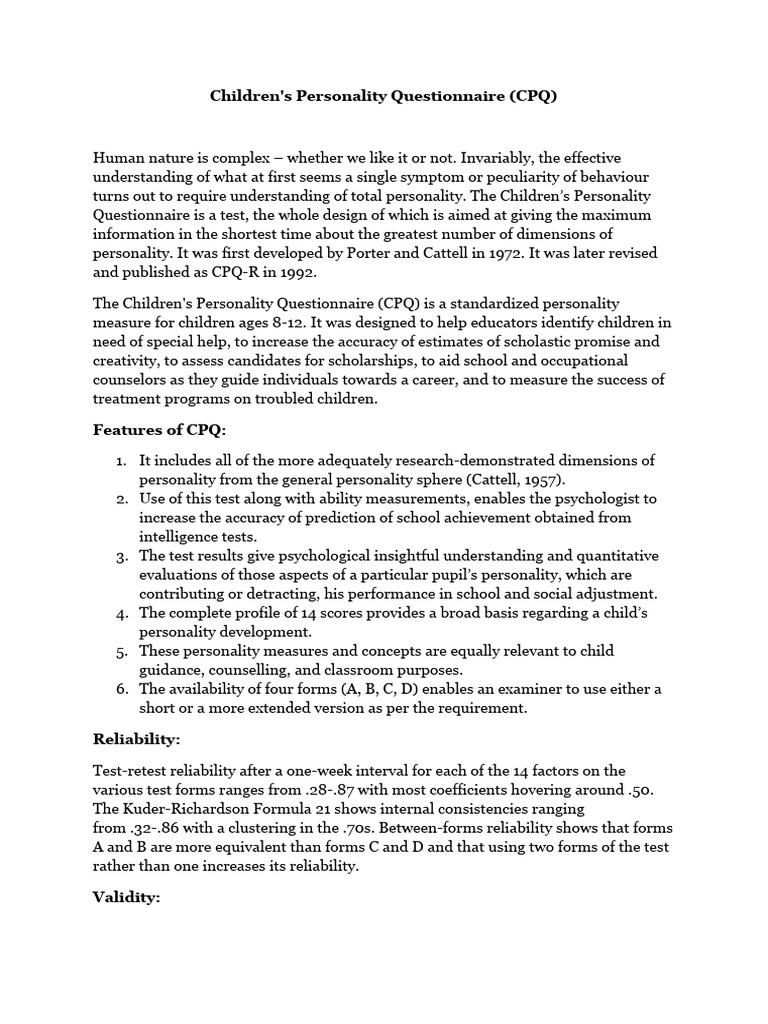 Children's Personality Questionnaire (CPQ) | PDF | Behavioural Sciences ...