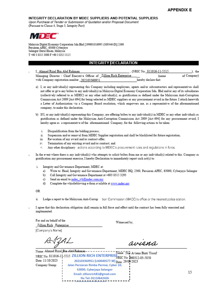 Integrity Declaration - Appendix E KUCHING | PDF | Governance | Justice