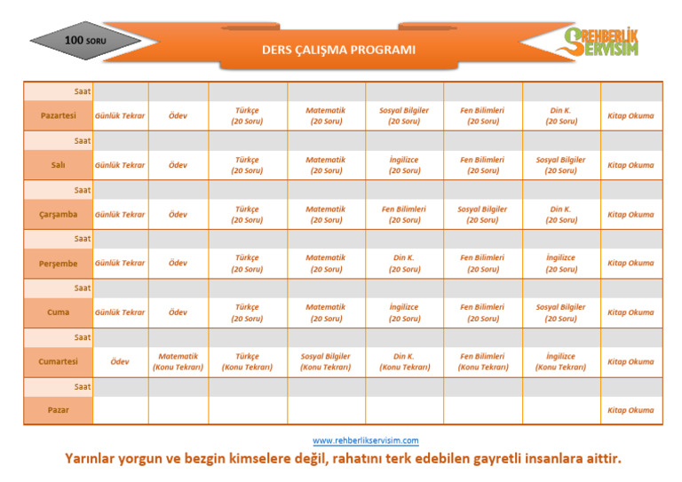 5 6 7. SINIF GUNLUK DERS CALISMA PROGRAMI 100 Soru. | PDF