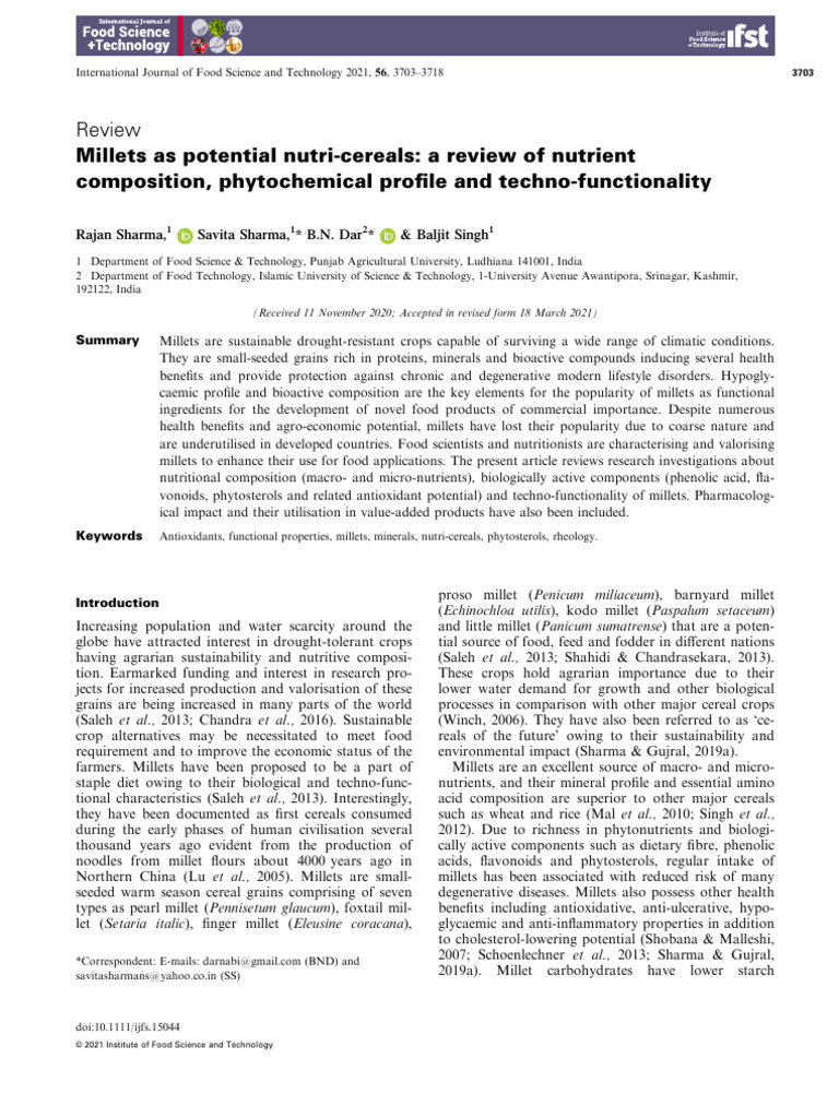 Millets As Potential Nutri Cereals - A Review of Nutrient Composition, Phytochemical Profile and ...
