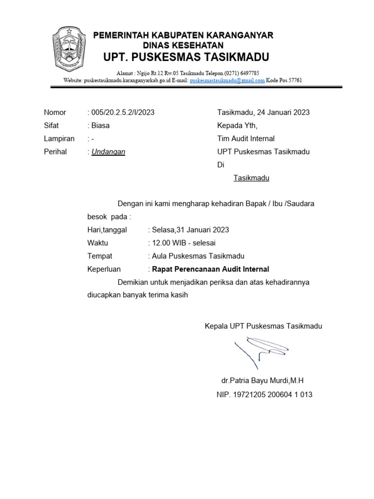 Undangan Rapat Audit Internal Puskesmas | PDF