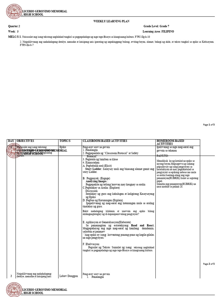 Filipino-grade-7-Wlp-2nd Q Week 3 and 4 | PDF