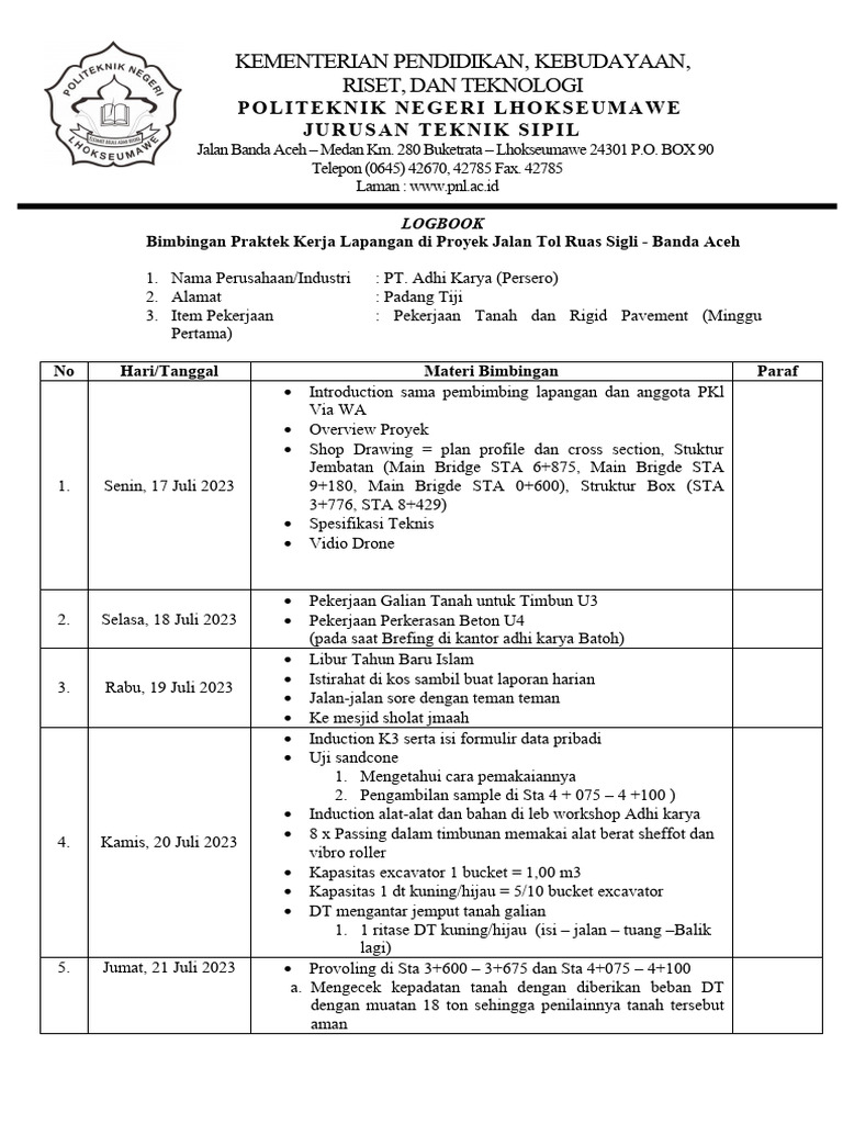 Logbook PKL Proyek Jalan Tol Aceh | PDF