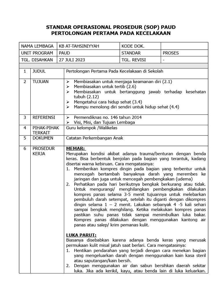 SOP Pertolongan Pertama PAUD | PDF