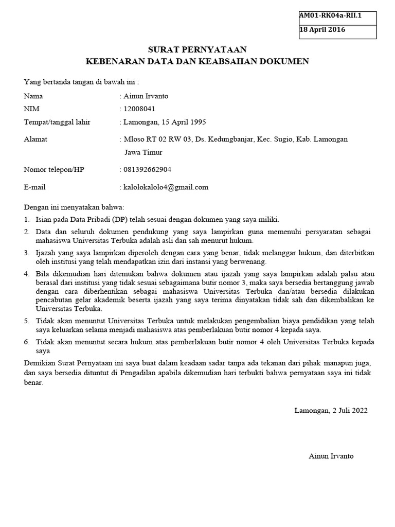 Form Surat Pernyataan Kebenaran Data Keabsahan Dokumen UT | PDF
