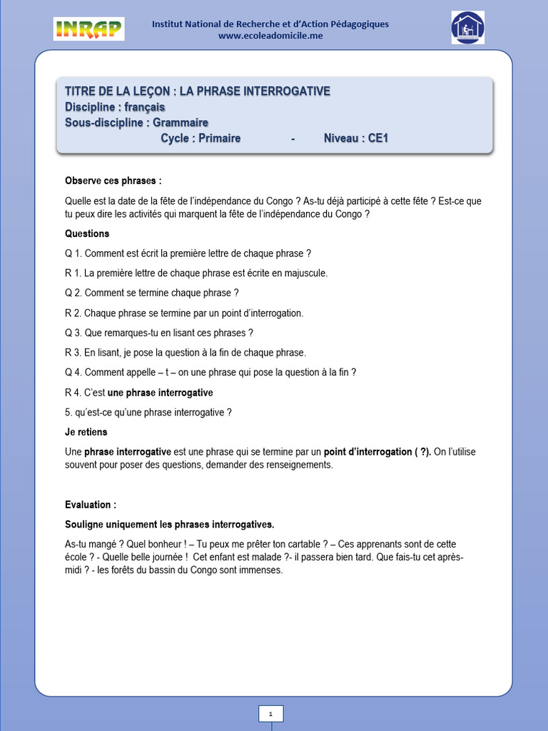 La phrase interrogative au CE1 | PDF