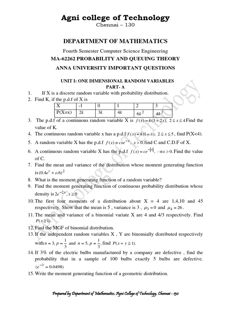 Ma-6453 Probability and Queuing Theory - Anna University Important Questions | Download Free PDF ...
