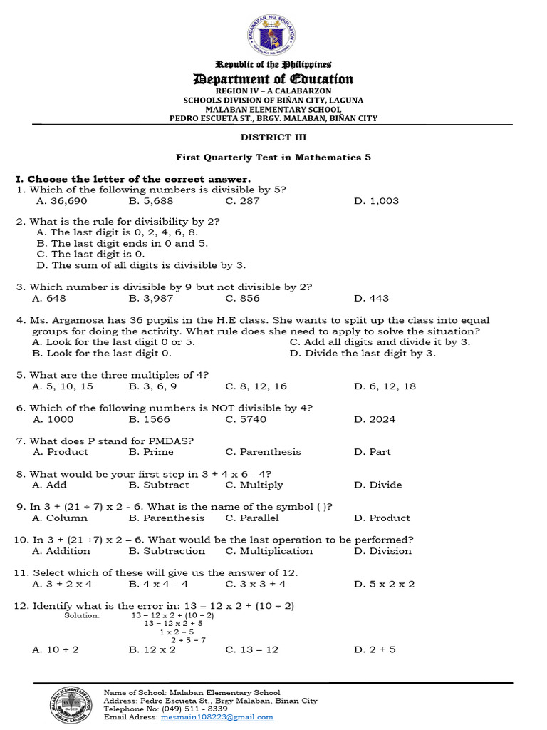 Malaban Elementary Math Test 5 | PDF | Division (Mathematics ...