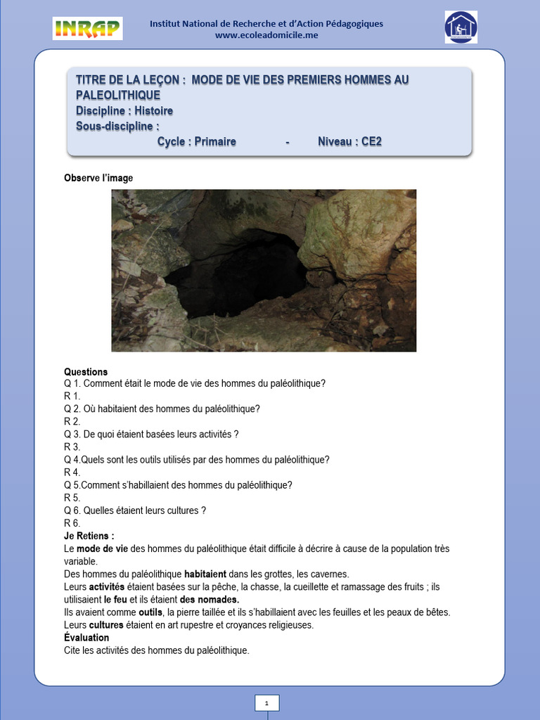 Hist - Ce2 - Mode de Vie Des Premier Hommes Au Paleolithique | PDF