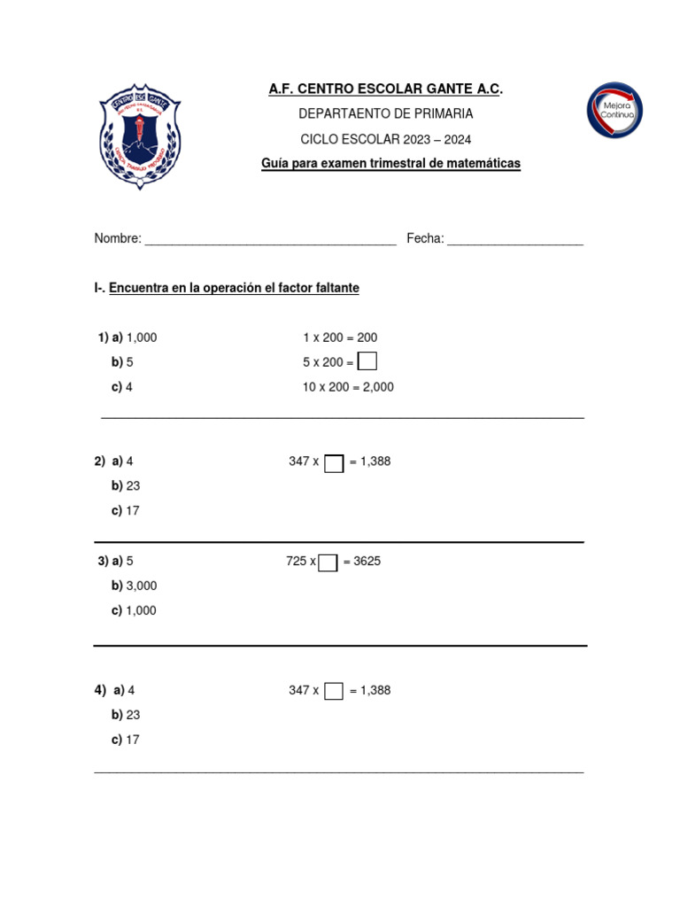 Guia para Examen de Matematicas - 1er. Trimestre | PDF | Matemáticas ...