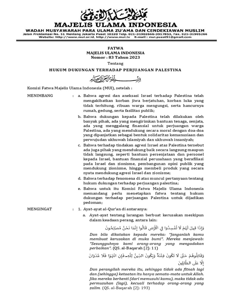 Fatwa MUI Nomor 83 Tahun 2023 Tentang Hukum Dukungan Terhadap Perjuangan Palestina | PDF