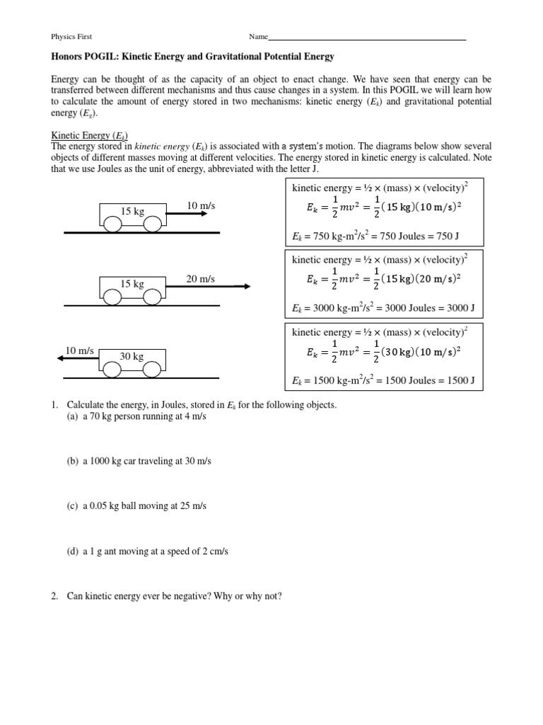 Kinetic Energy and Gravitational Potential Energy - HONORS | Kinetic ...