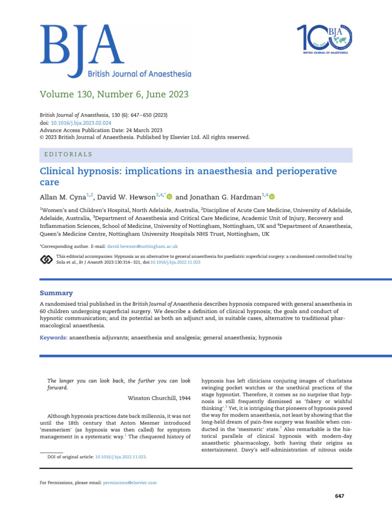 Clinical Hypnosis Implications in Anaesthesi | PDF | Hypnosis | Anesthesia