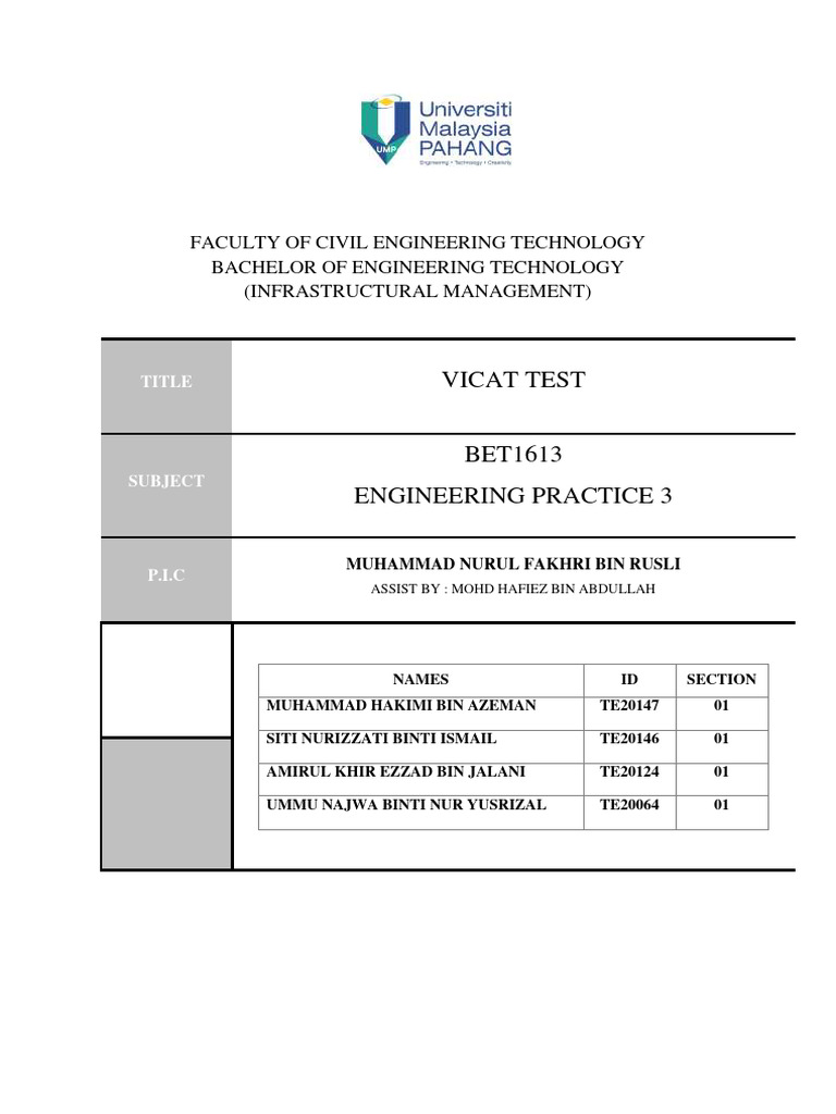 Group 3 - Sec 01 - Vicet Test | PDF | Cement | Experiment