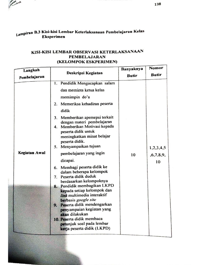 Kisi Observasi Keterlaksanaan Eksp | PDF