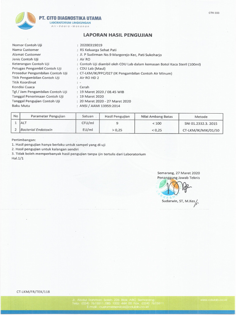 PT. Cito Diagnostika - Laporan Hasil Pengujian Air RO Dan Udara | PDF