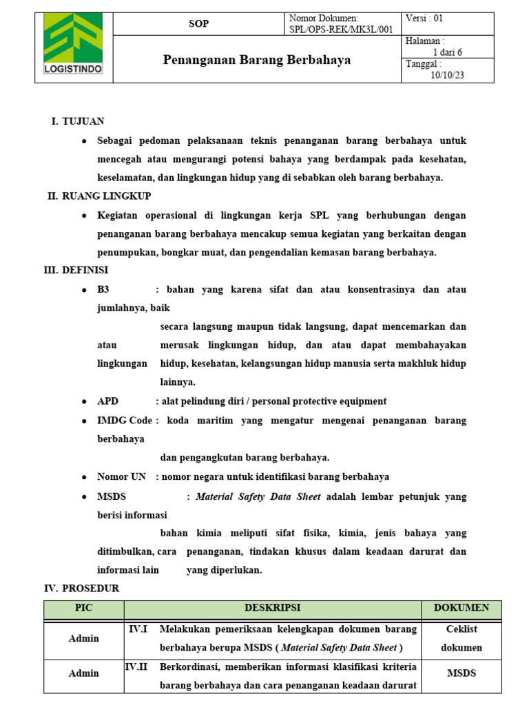 SOP Penanganan Barang Berbahaya | PDF