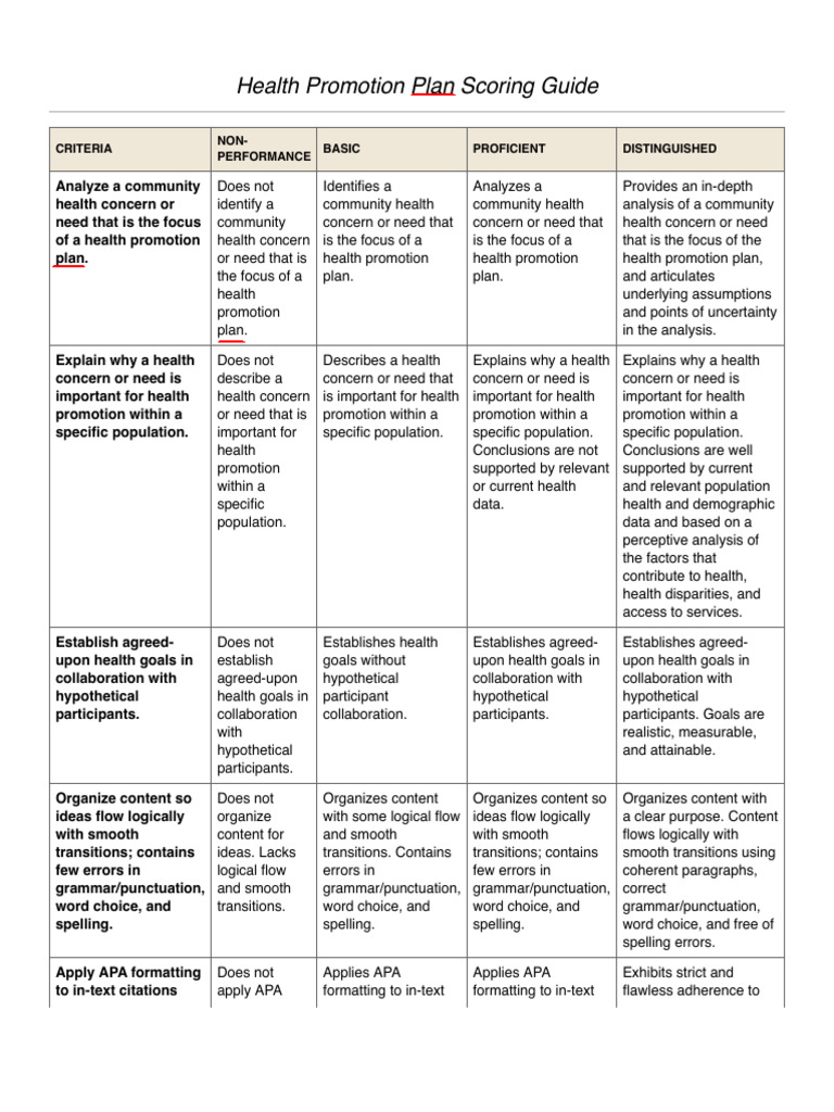 Health Promotion Plan Scoring Guide | PDF | Apa Style | Data