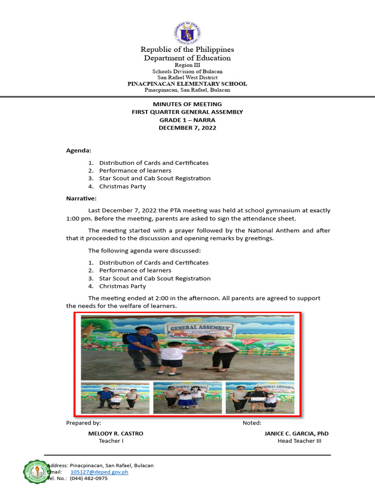 Minutes of Meeting - First Quarter Distribution of Cards | PDF | Teachers