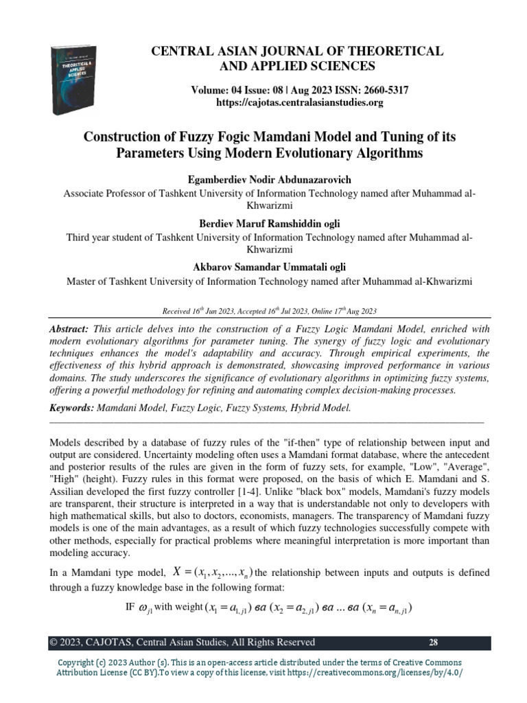 Construction of Fuzzy Fogic Mamdani Model and Tuning of its Parameters Using Modern Evolutionary ...