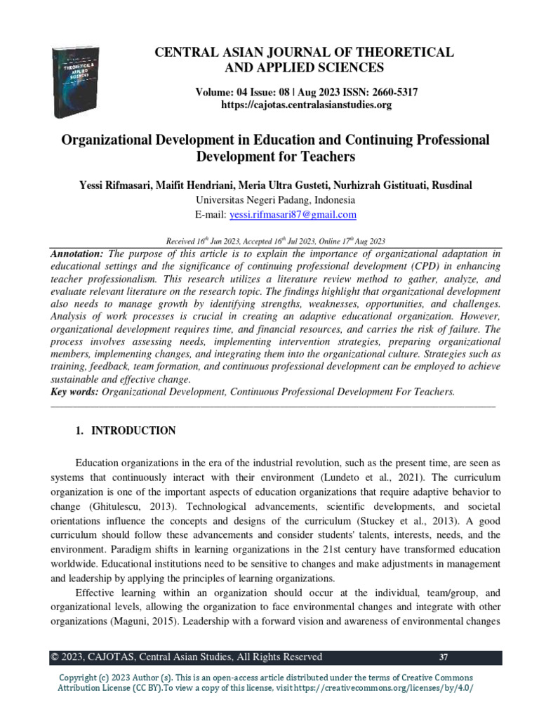 Organizational Development in Education and Continuing Professional Development For Teachers ...